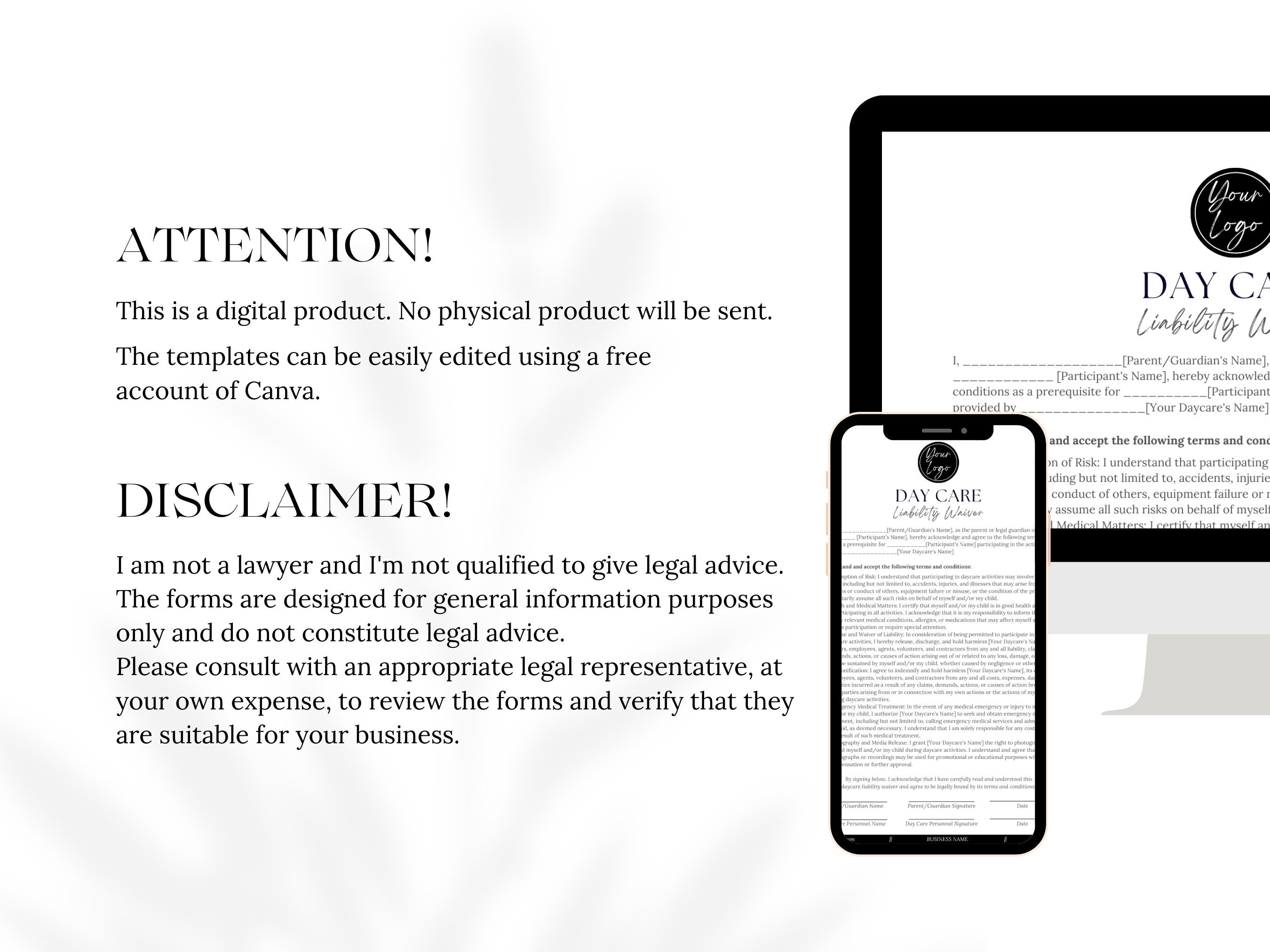 Daycare Liability Waiver Template: Childcare Consent Form (digital ...
