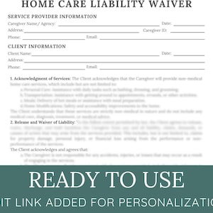 Non Medical Home Care Form, Nurse Liability Form, Home Care Liability Waiver Release, Assisted ...