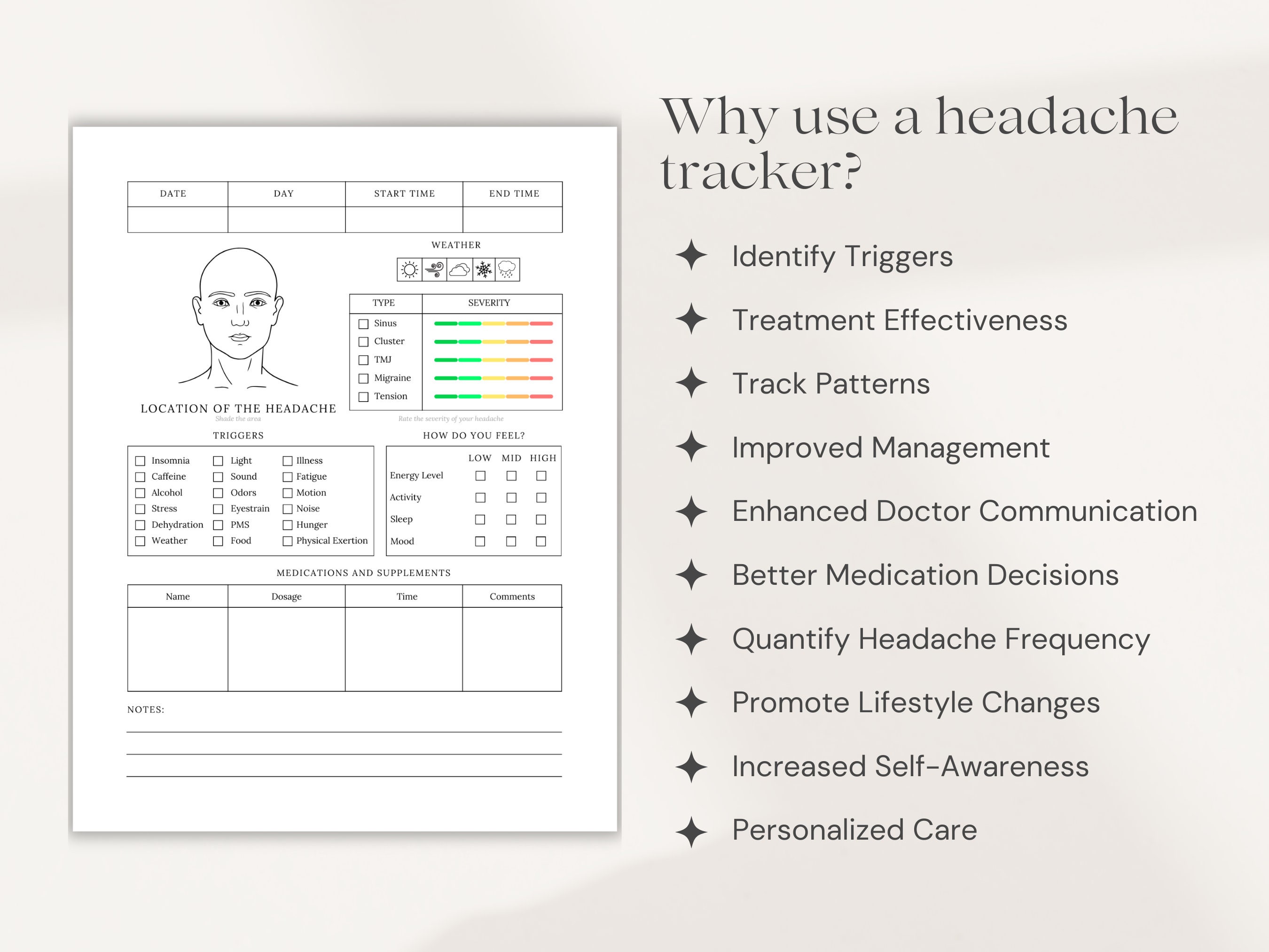 Printable Headache Tracker, Migraine Tracker, Headache Symptom Tracker ...