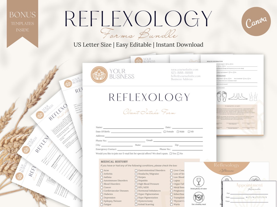 Reflexology Intake and Consent Forms | Foot Massage Forms | Edit in Canva | Reflexology Business ...