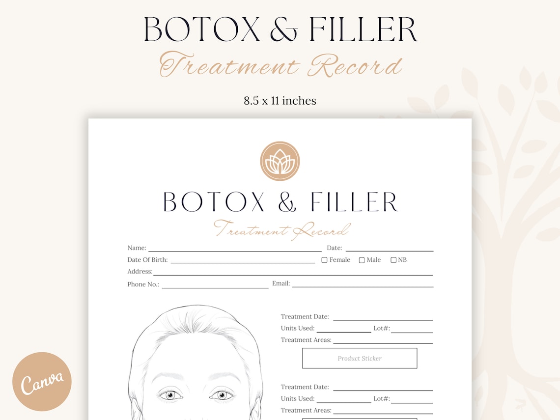 Botox Treatment Record Template: Injectable Face Chart (canva Editable ...