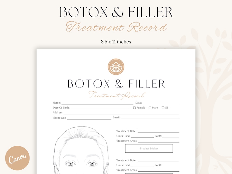 Botox Treatment Record Template: Injectable Face Chart (canva Editable ...