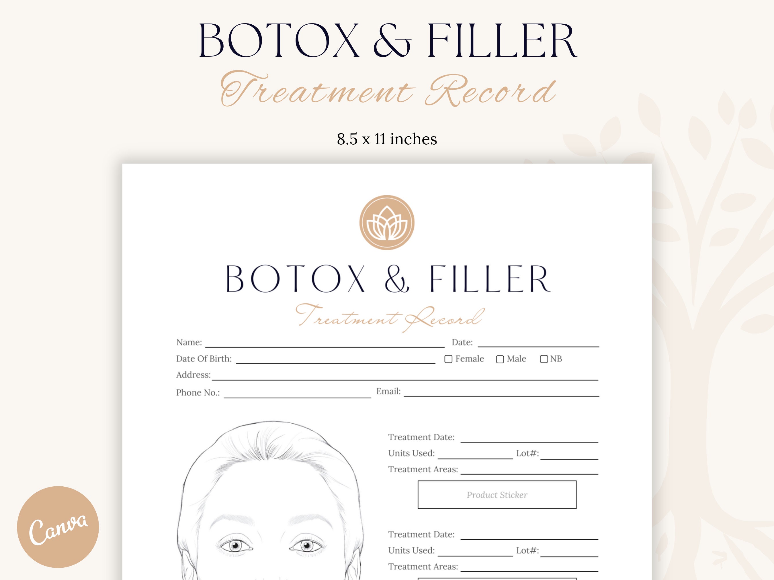 Botox Treatment Form, Injectable Face Chart, Botox Client Record, Botox ...