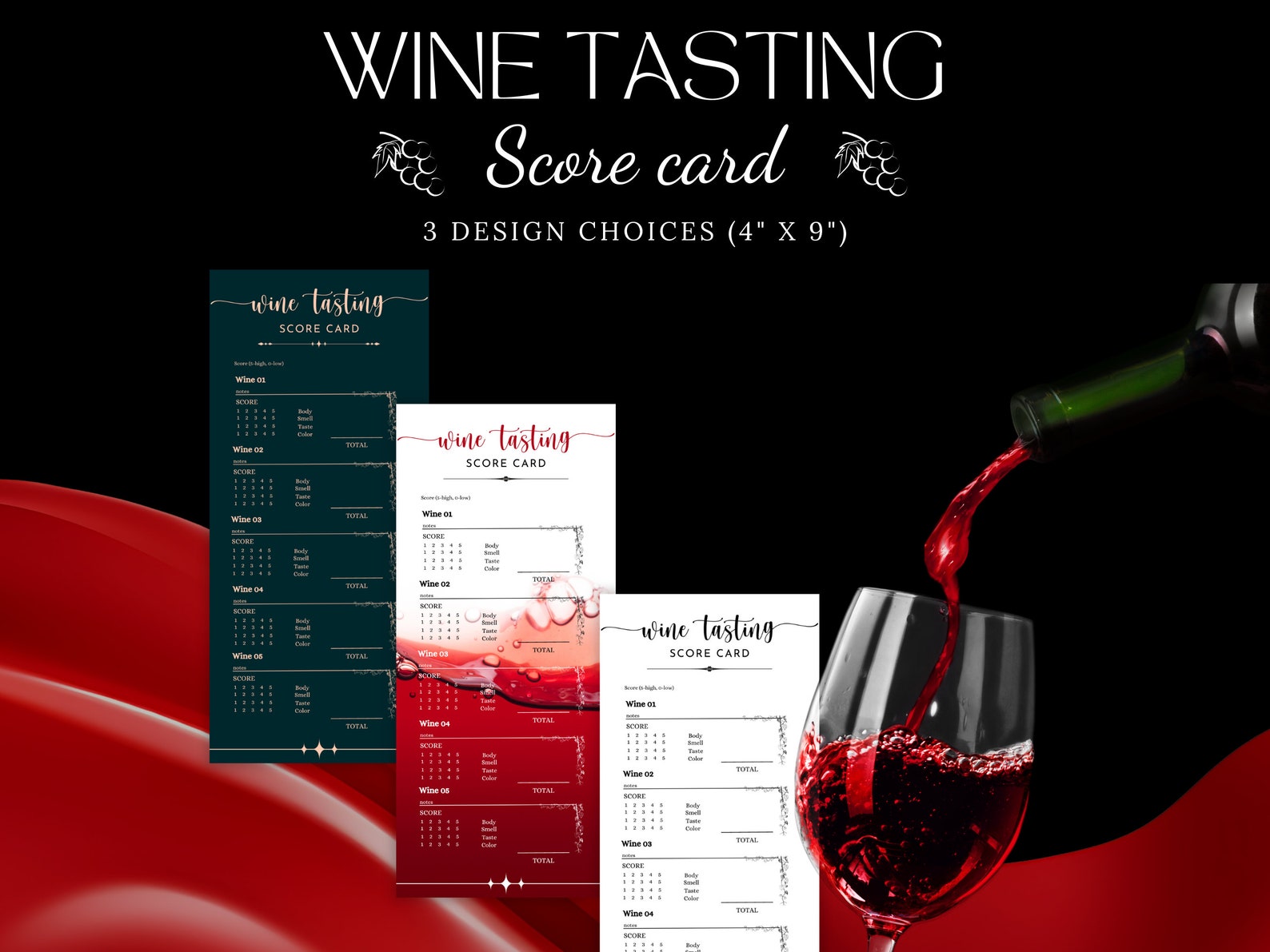 Printable Wine Tasting Score Cards, 3 Elegant Designs to Choose From ...