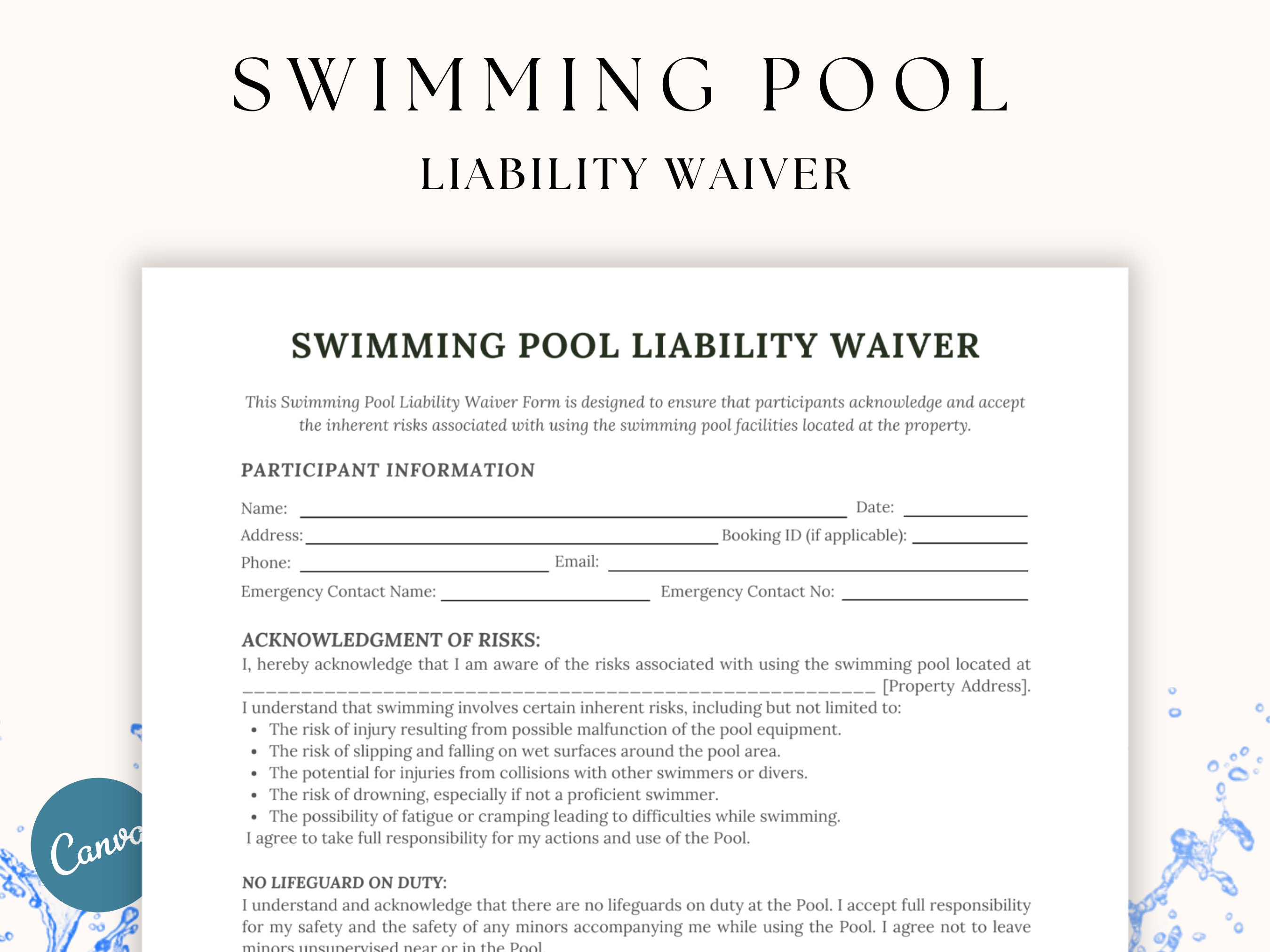 Swimming Pool Contract, Pool Rental Agreement, Liability Waiver, Rental ...