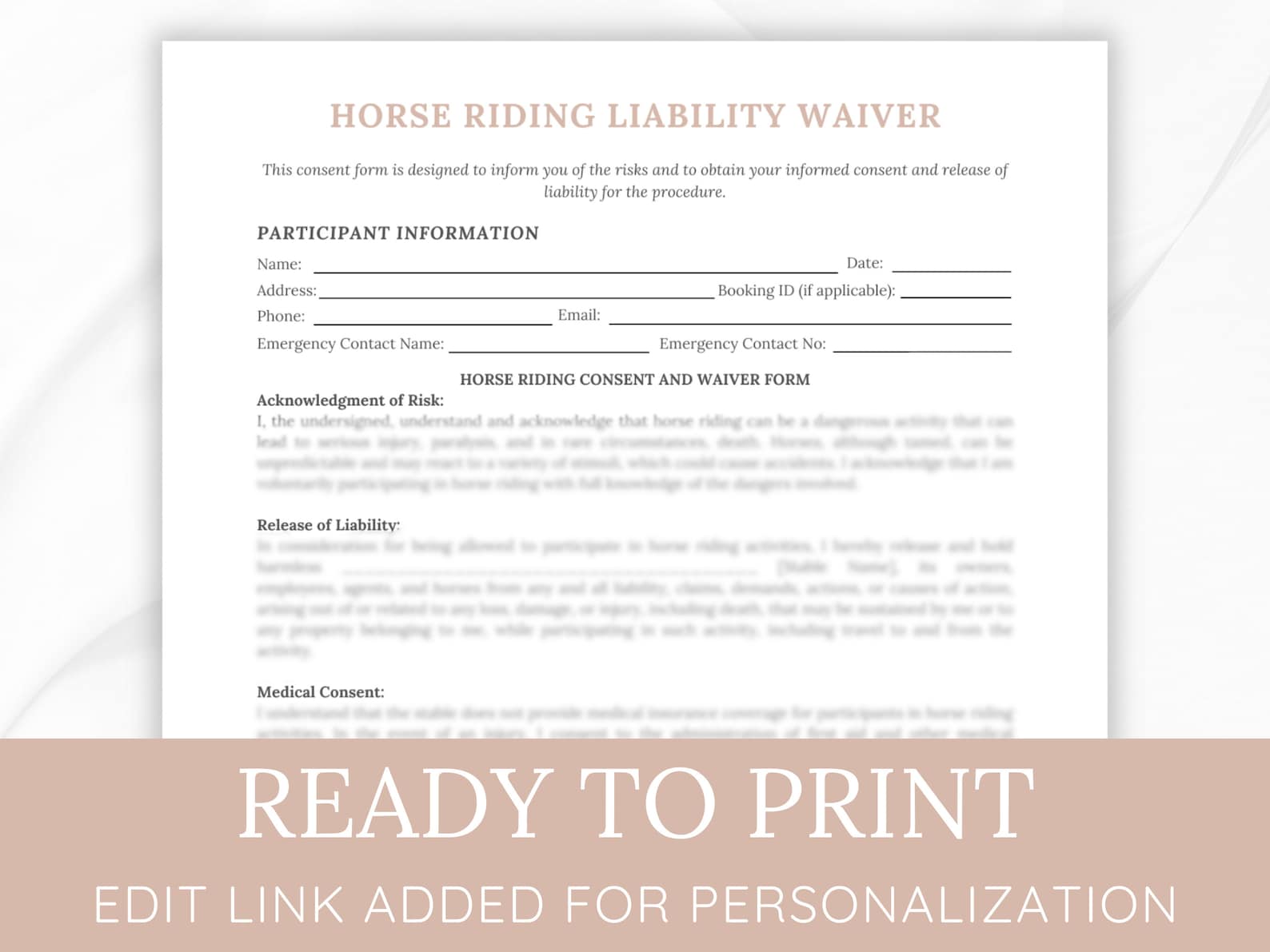 Horse Riding Liability Waiver Template: Editable Consent Form (PDF) - Etsy