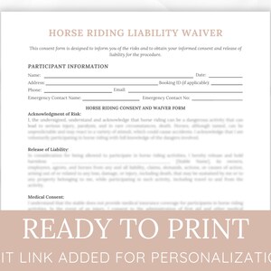 Horse Riding Waiver Template, Equine Release of Liability Waiver, Ride ...