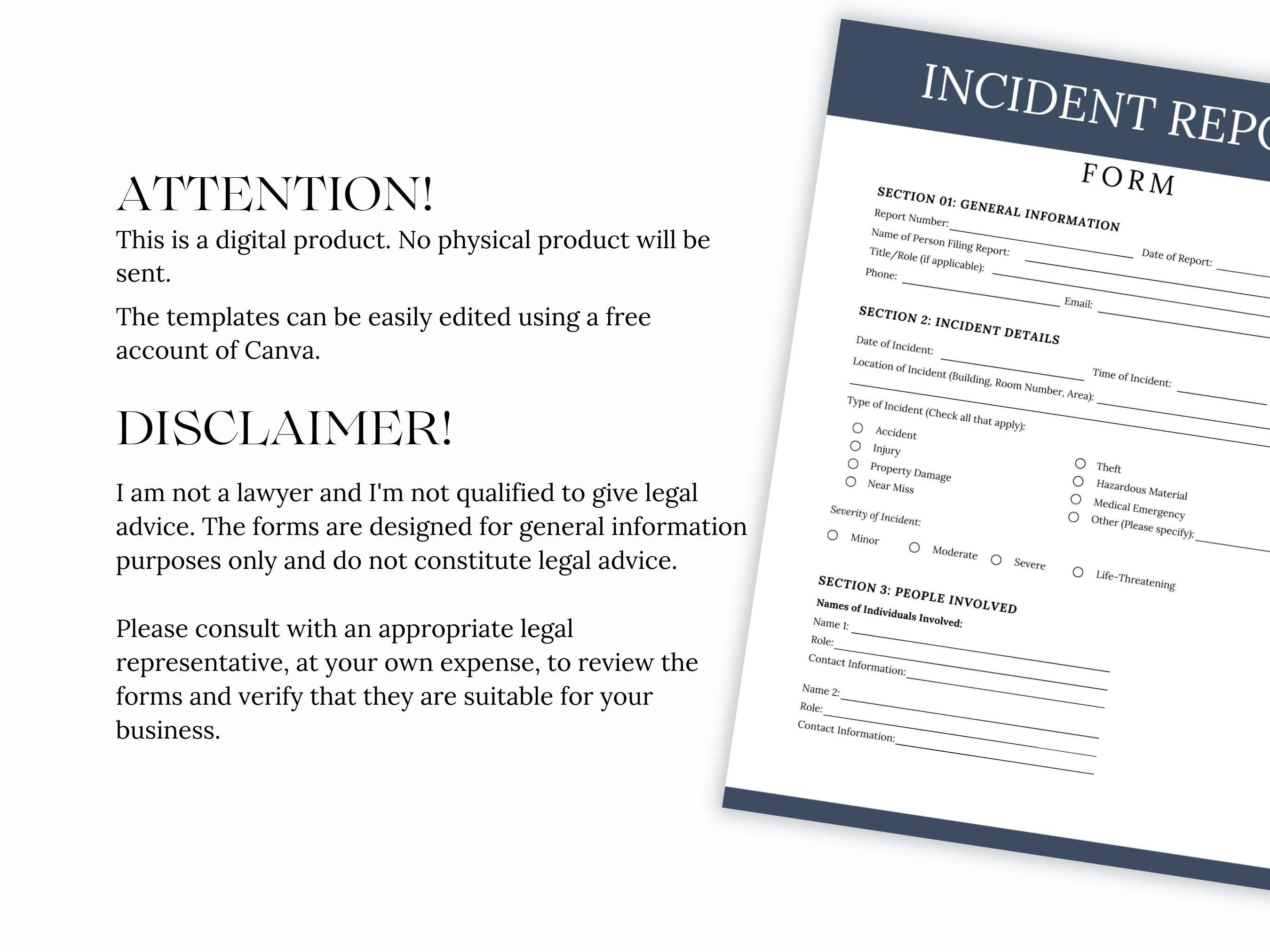 Editable Incident Report Form Template: Workplace Safety (PDF) - Etsy