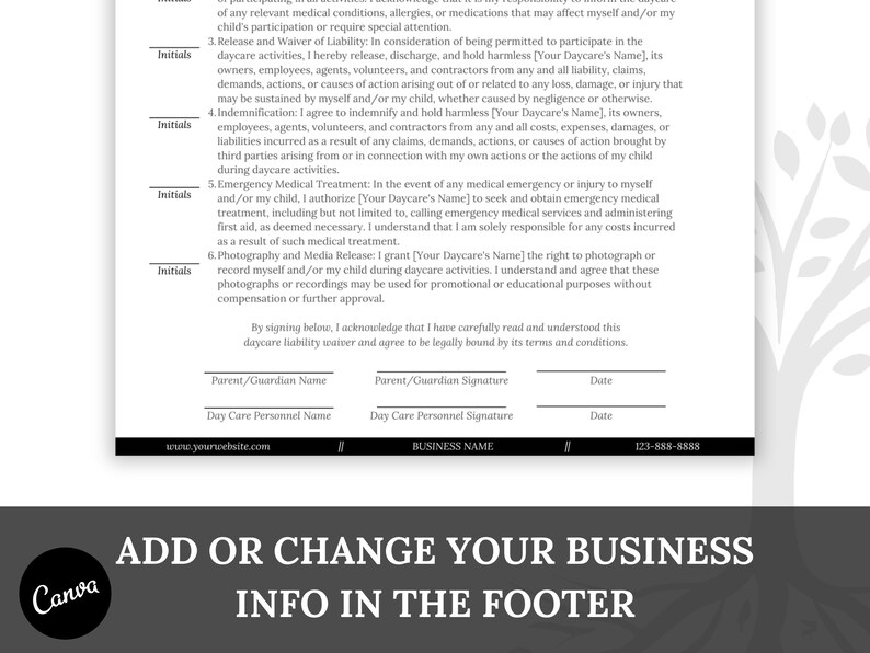 Daycare Liability Waiver Form, Childcare Consent Form, Childcare ...