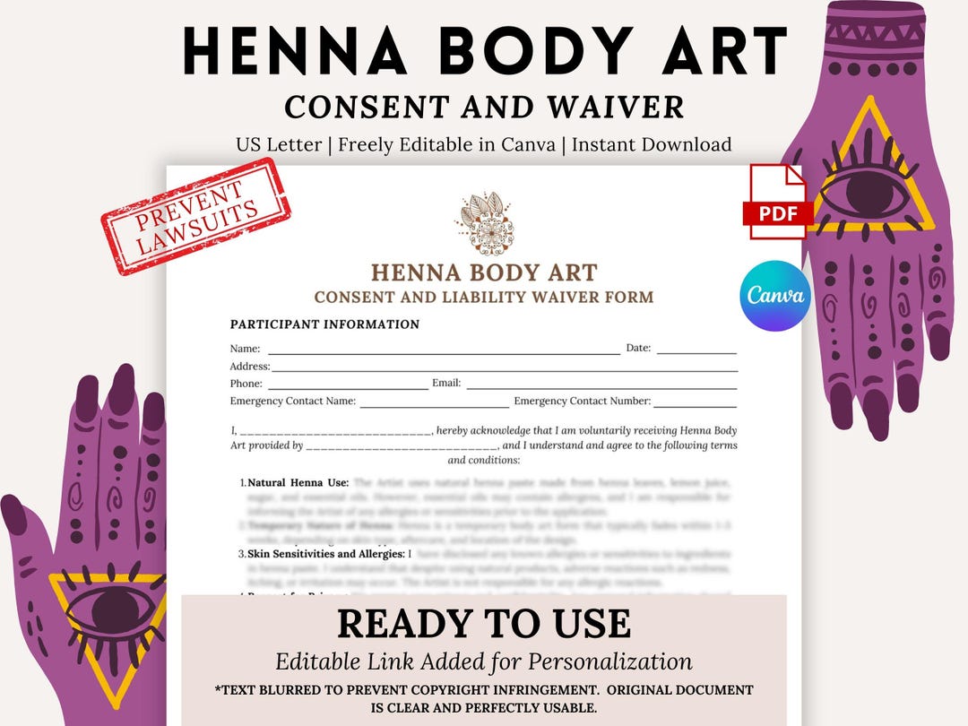 Printable & Editable Henna Body Art Consent and Liability Waiver, Henna ...