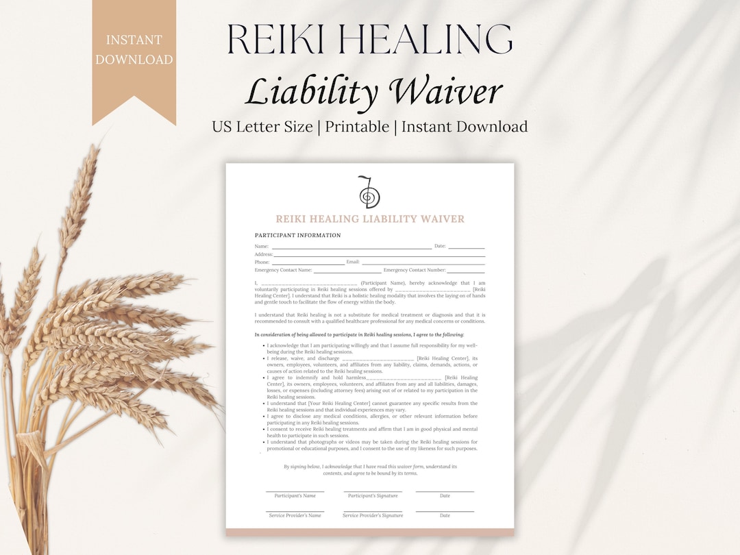 Printable Reiki Healing Liability Waiver & Consent Form (digital ...