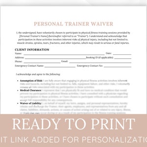 Personal Trainer Liability Waiver Form, Home Physical Trainer Waiver ...