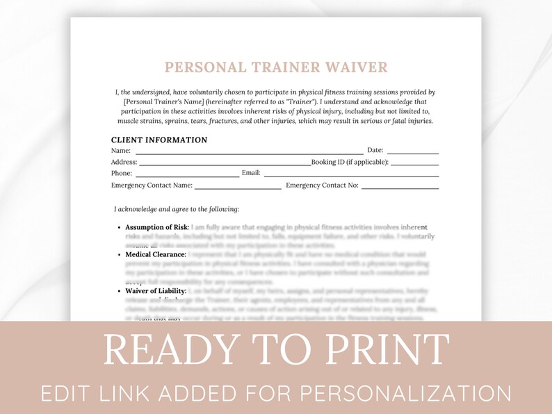 Personal Trainer Liability Waiver Form, Home Physical Trainer Waiver ...