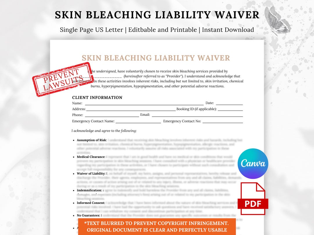 Skin Bleaching Treatment Liability Waiver, Skin Whitening, Beautician ...
