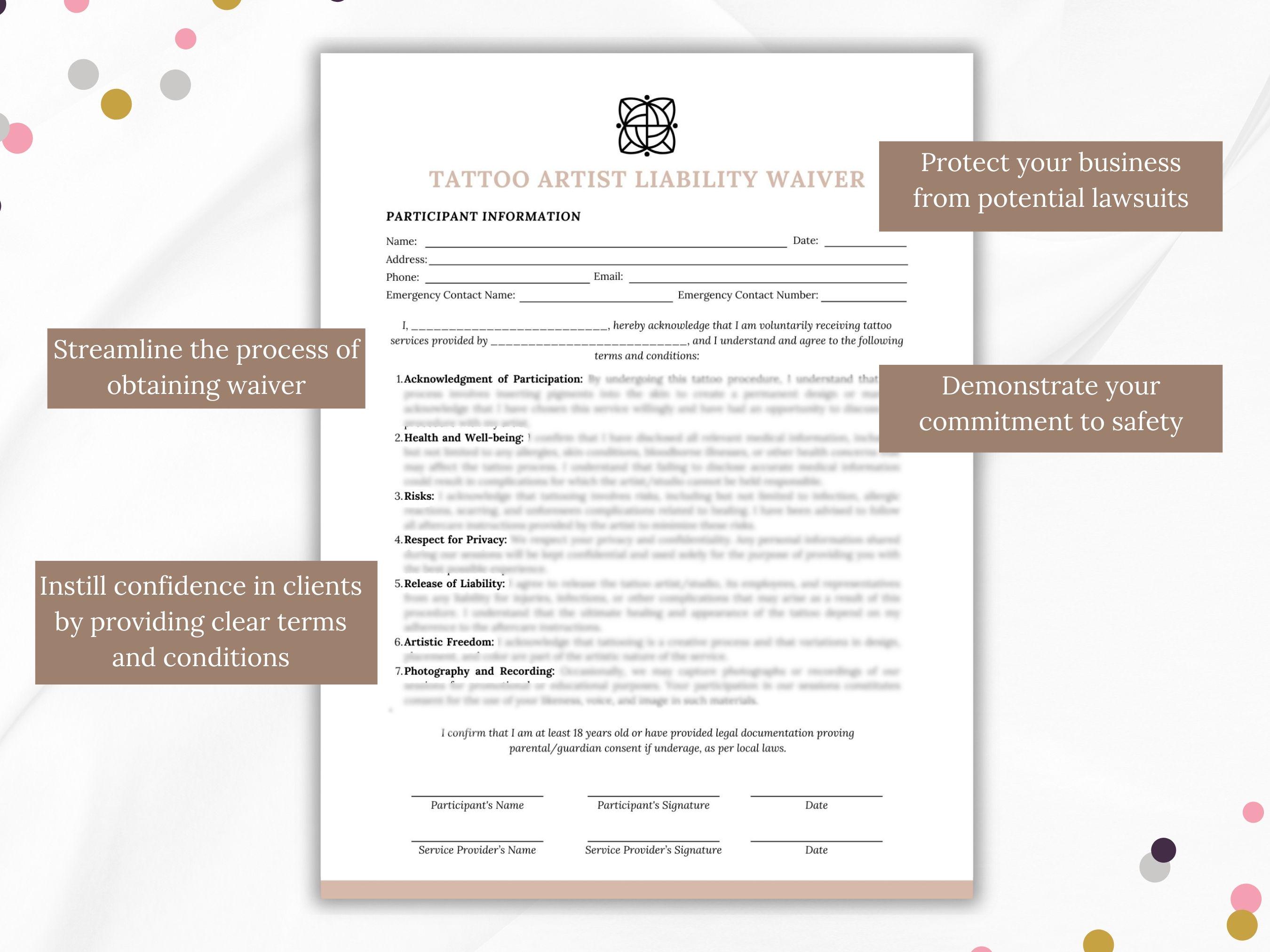 Tattoo Artist Liability Waiver, Tattoo Consent & Release Form, Client ...