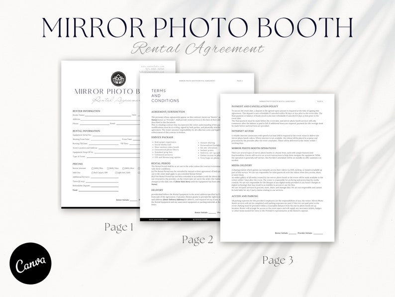 Mirror Photo Booth Rental Agreement Template: Editable Canva Form ...