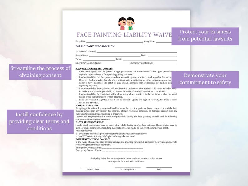 Face Painting Liability Waiver Template: Party Consent Form (PDF ...
