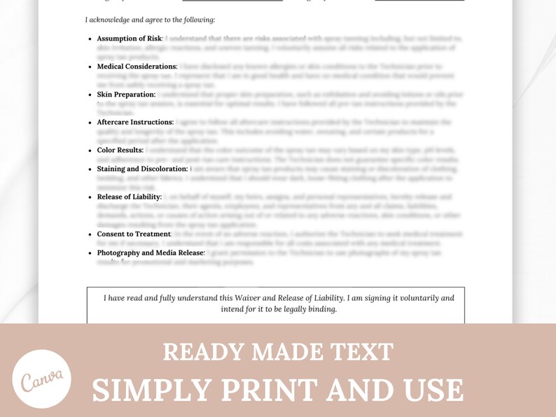 Spray Tan Liability Waiver Template: Editable Consent Form (digital ...