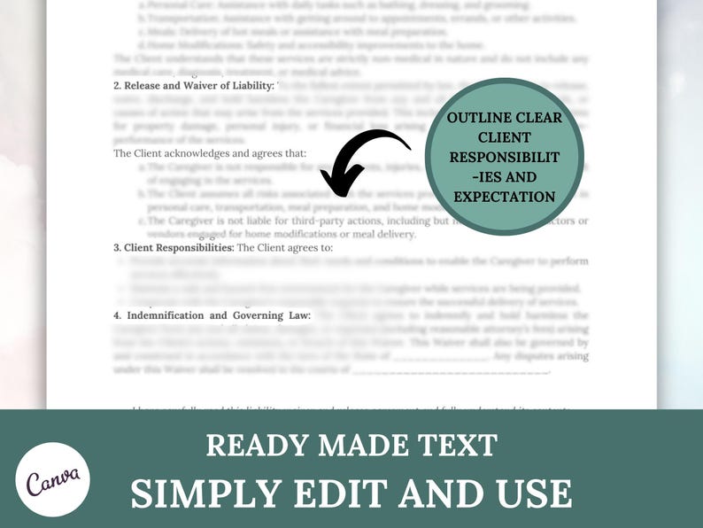 Home Care Liability Waiver Template: Editable Caregiver Form (digital ...