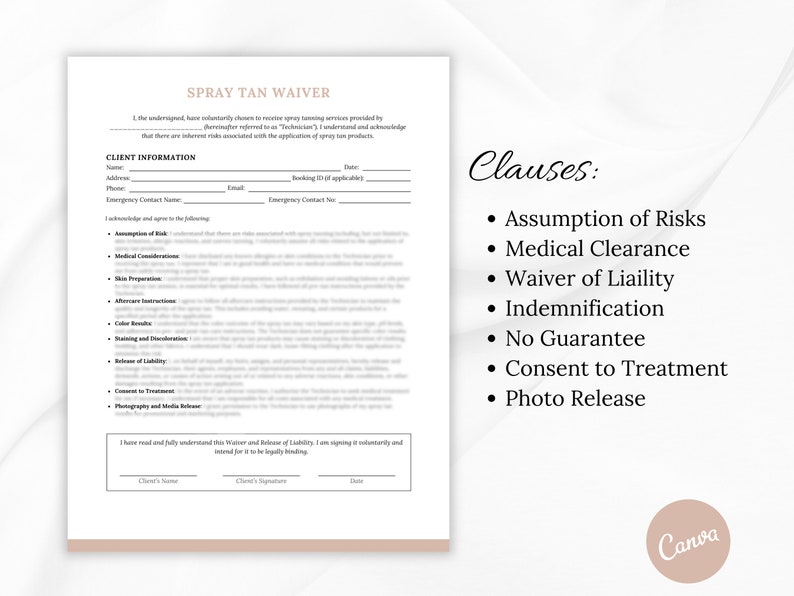 Spray Tan Liability Waiver, Spray Tan Consent Form, Assumption of Risks ...