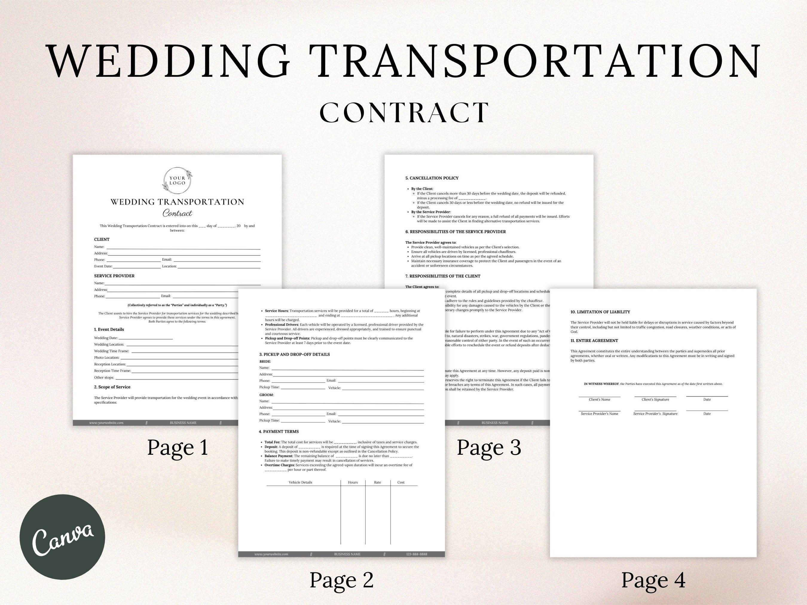 Editable Wedding Transportation Contract Template: Limo, Car Rental (US ...