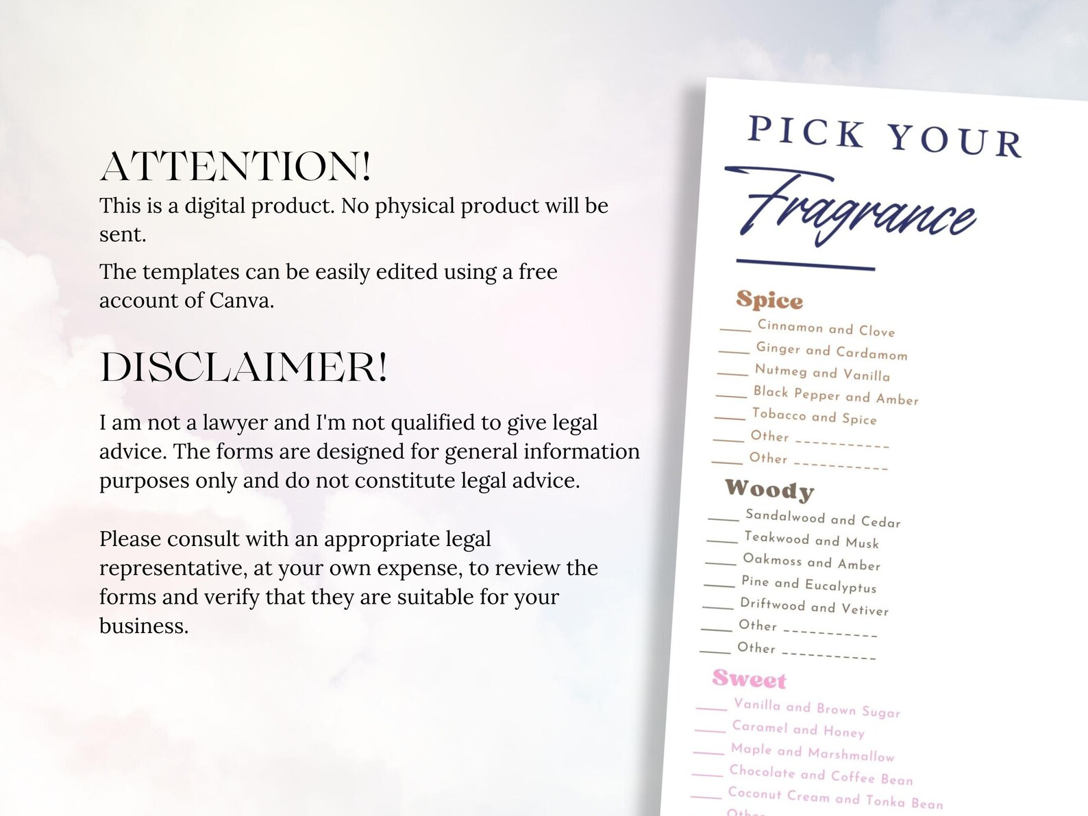 Candle Pour Bar Fragrance Selection Card: Editable Canva Template ...
