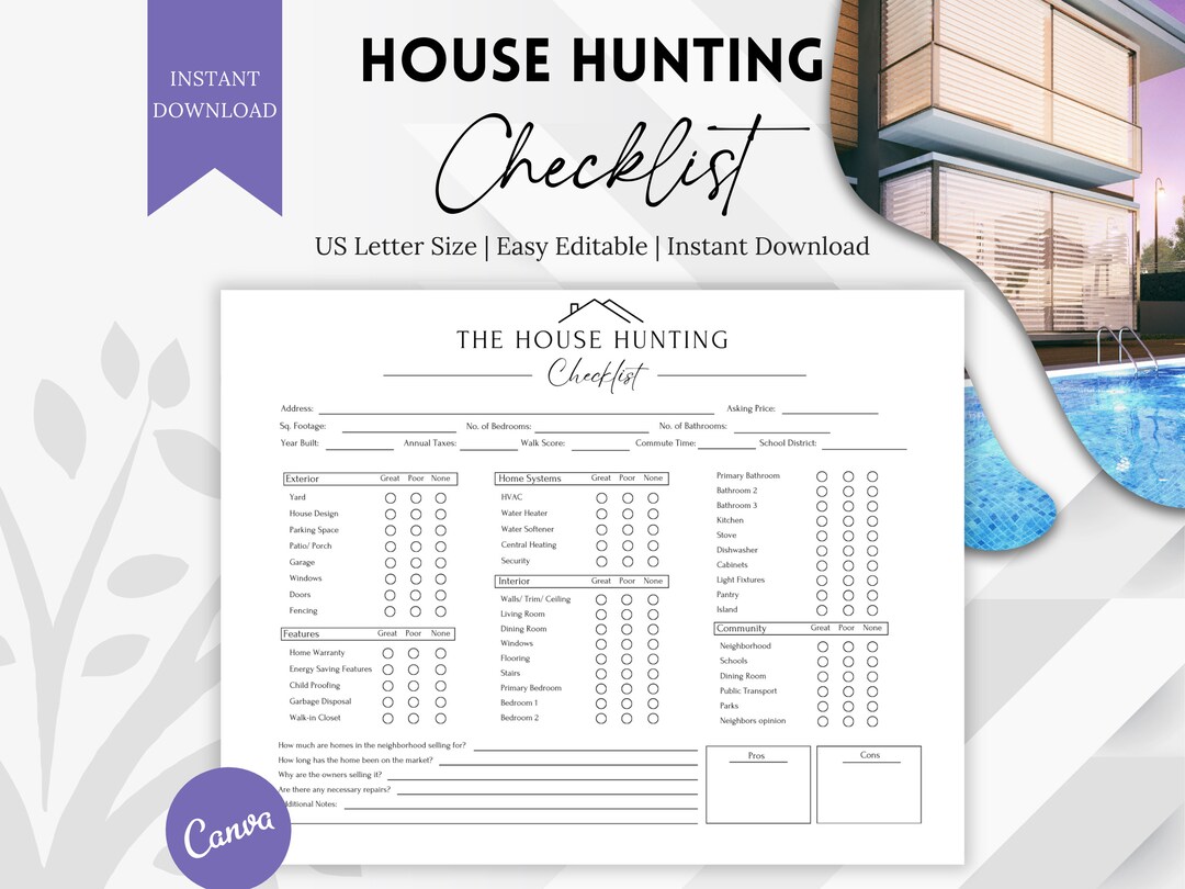 Ultimate House Hunting Checklist for Home Buyers, Printable Property ...