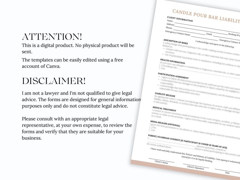 Printable Candle Pour Bar Liability Waiver: Editable Canva Template (US ...