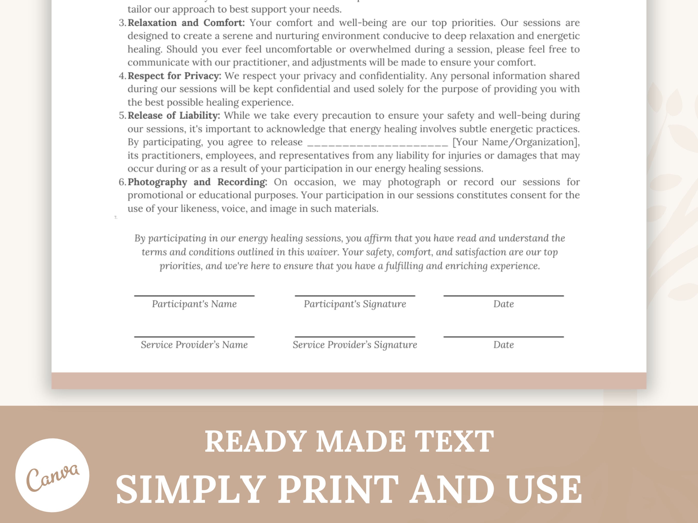 Printable Energy Healing Liability Waiver & Client Intake Form (digital ...