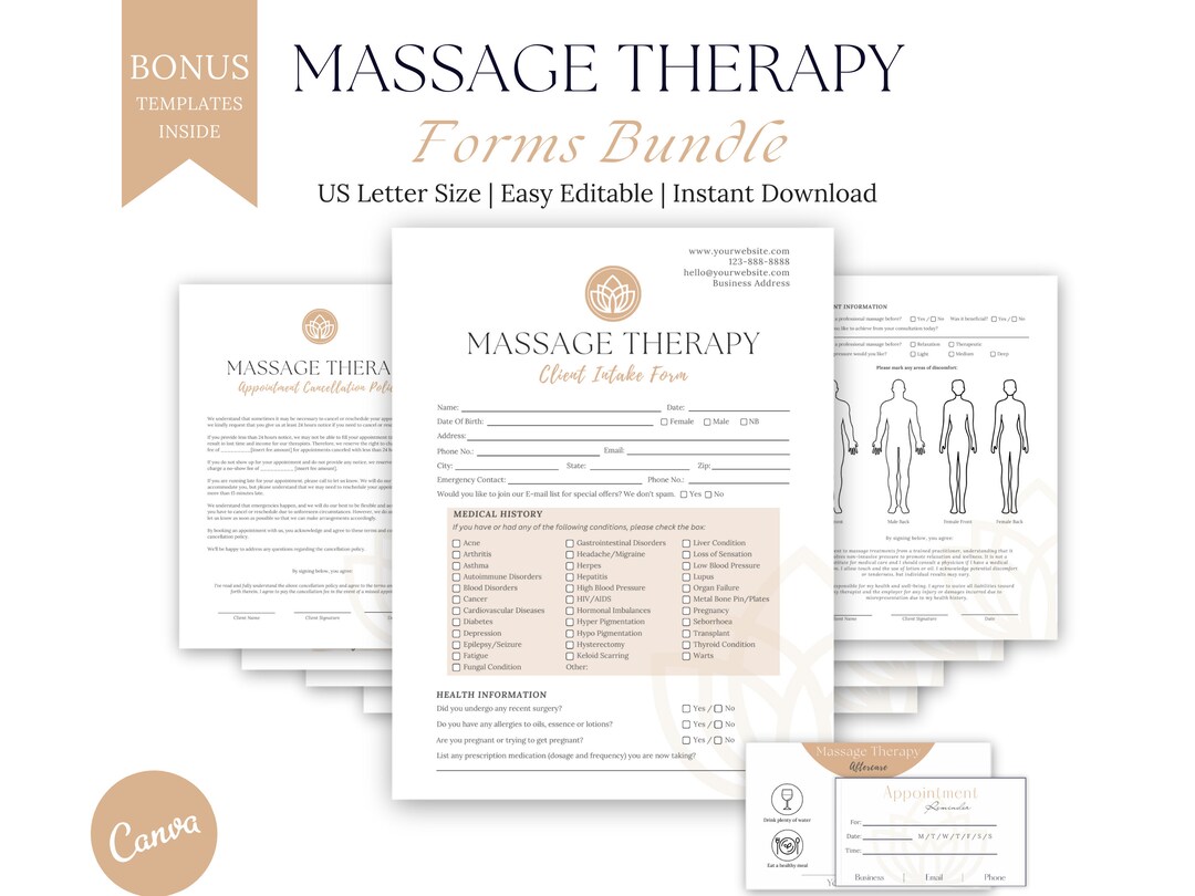 Professional Massage Therapy Forms Bundle, Massage Therapist Contract ...