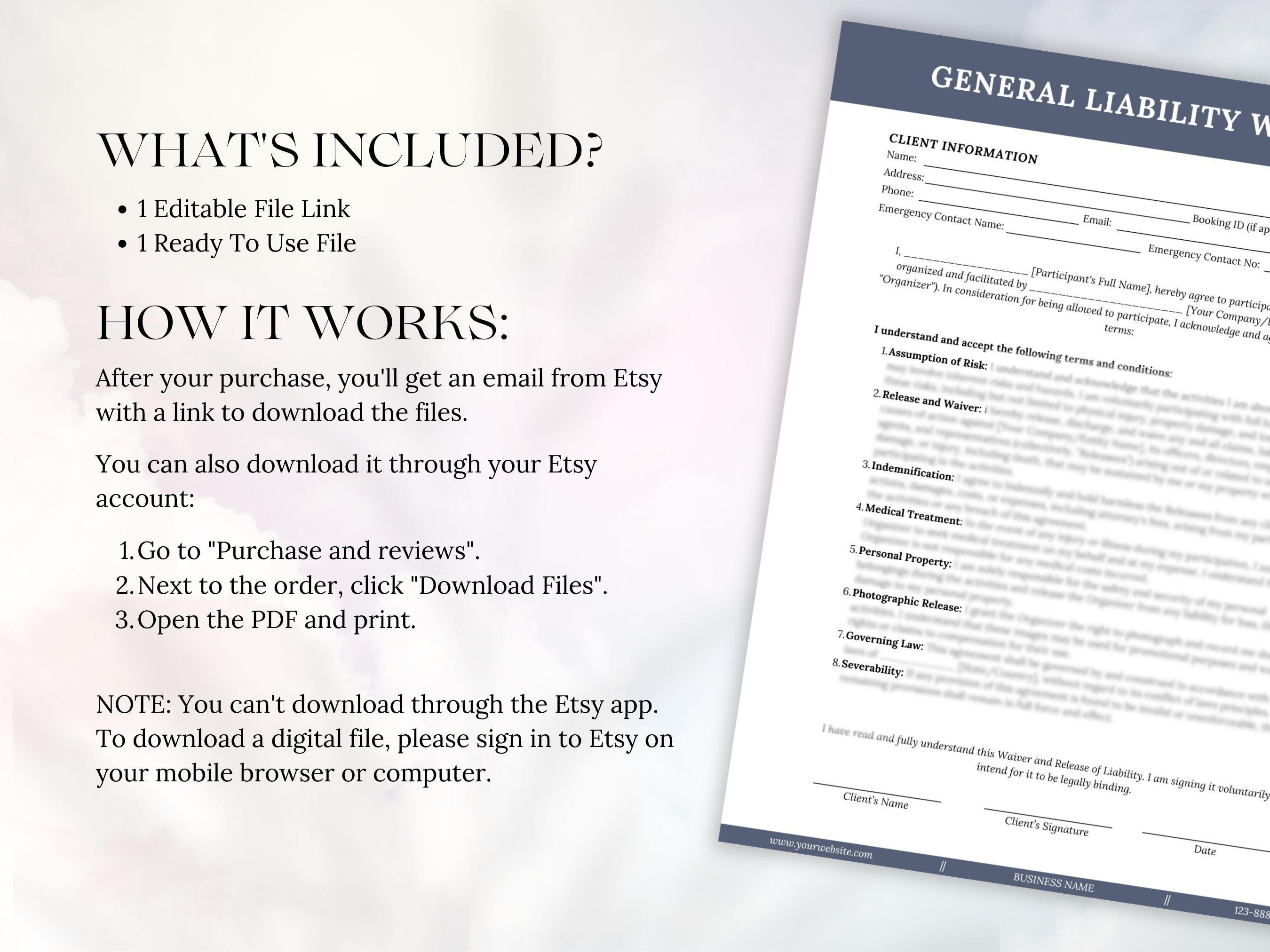 Editable General Liability Waiver Template, Printable All-purpose ...