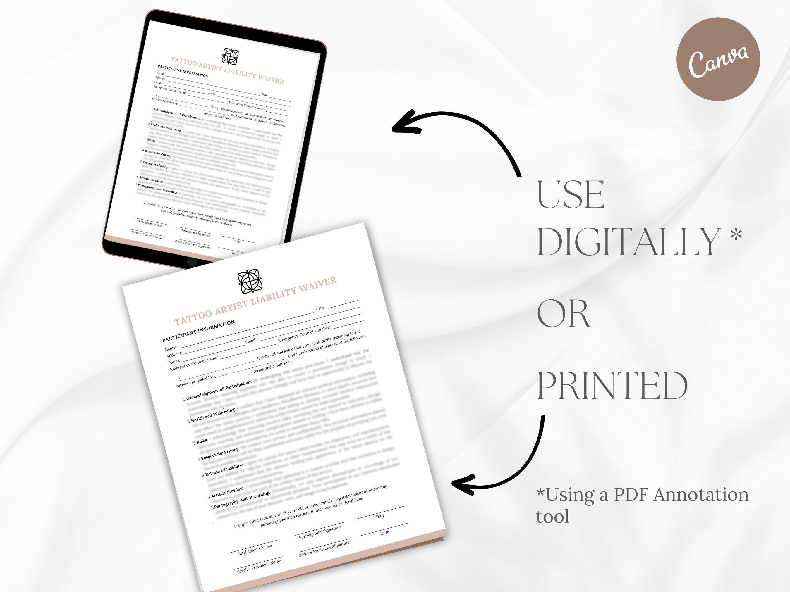 Tattoo Artist Liability Waiver, Tattoo Consent & Release Form, Client ...