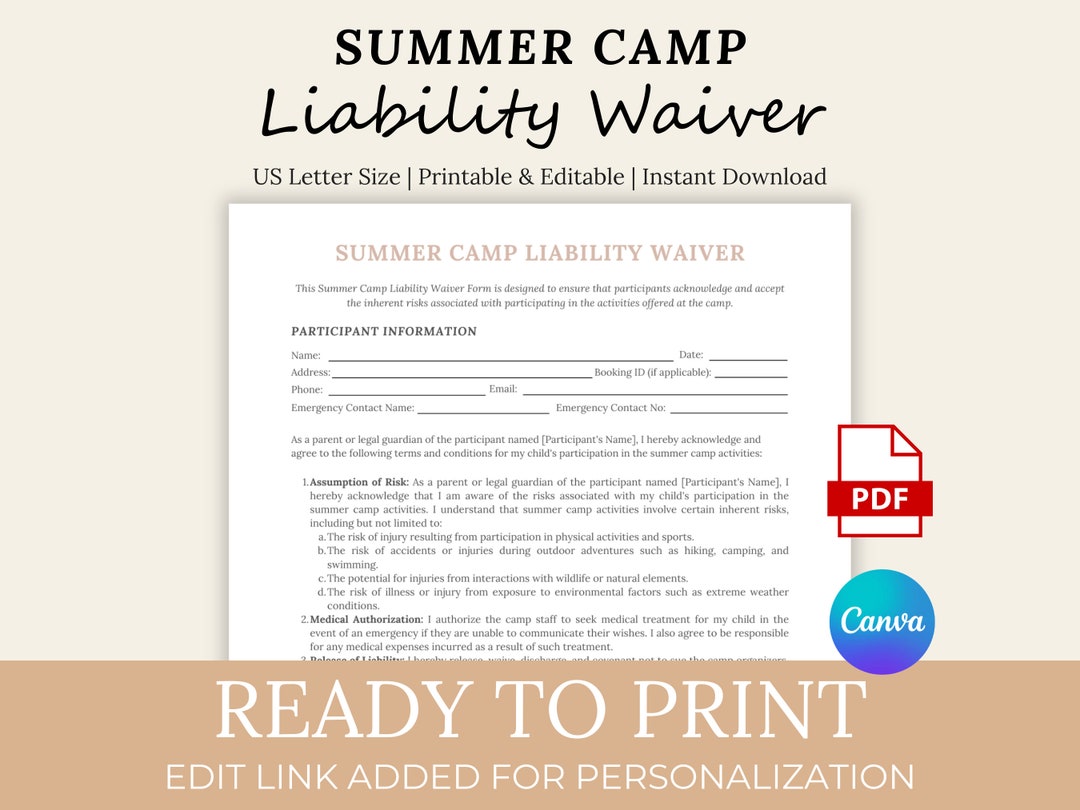 Editable Summer Camp Liability Waiver Template (digital Download) - Etsy