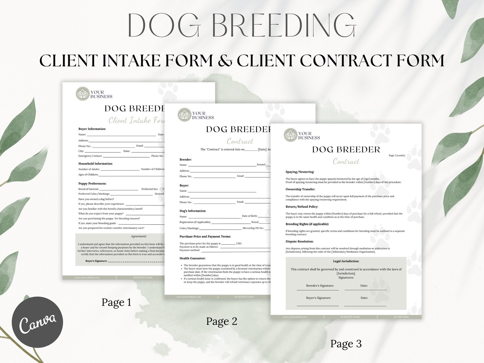 Dog Breeder Forms Bundle: Puppy Contract, Whelping Chart (digital ...