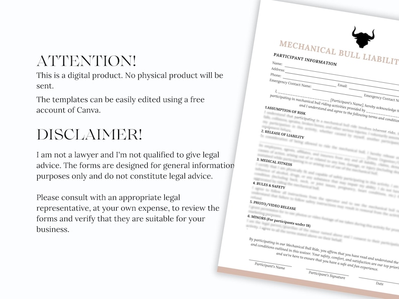 Mechanical Bull Waiver Template: Editable Ride Release Form (canva ...