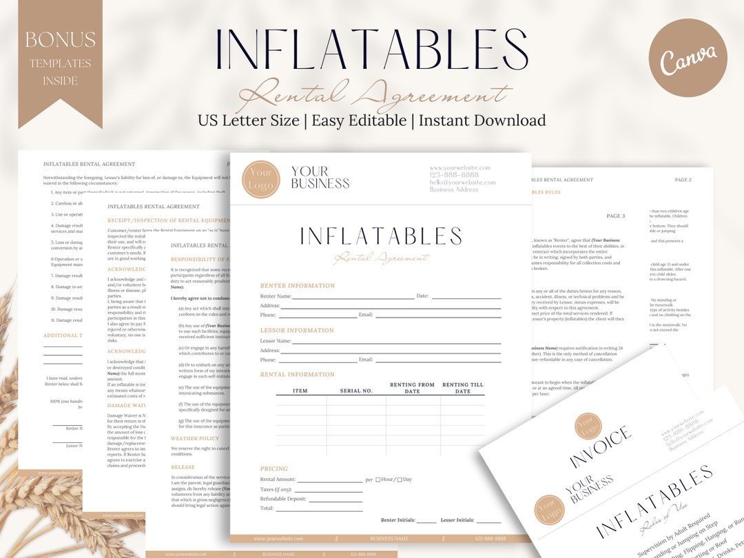 Inflatables Rental Agreement Template: Editable Waterslide, Bounce ...