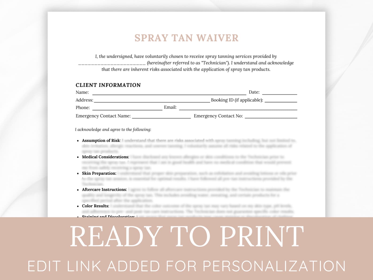 Spray Tan Liability Waiver, Spray Tan Consent Form, Assumption of Risks ...