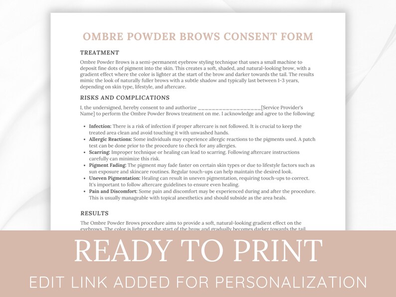 Ombre Powder Brows Liability Waiver, Ombre Brows Consent Form ...