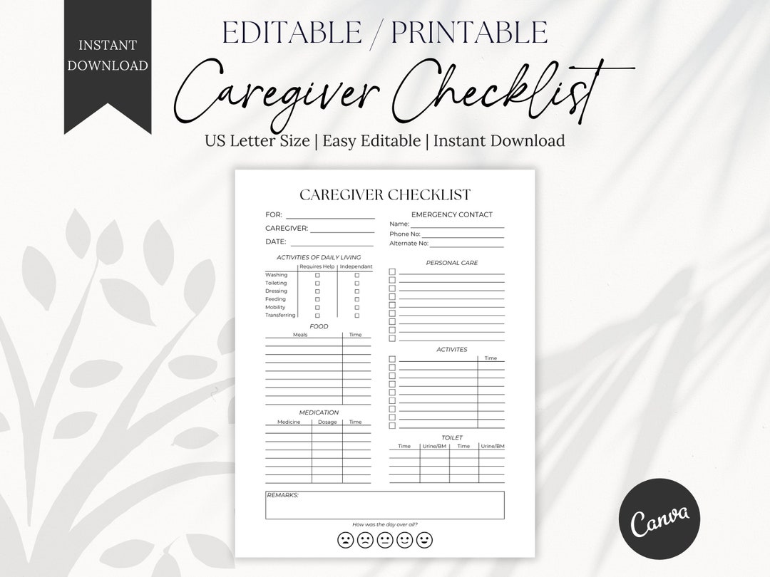 Printable Caregiver Checklist: Senior & Elderly Care, Daily Routine ...