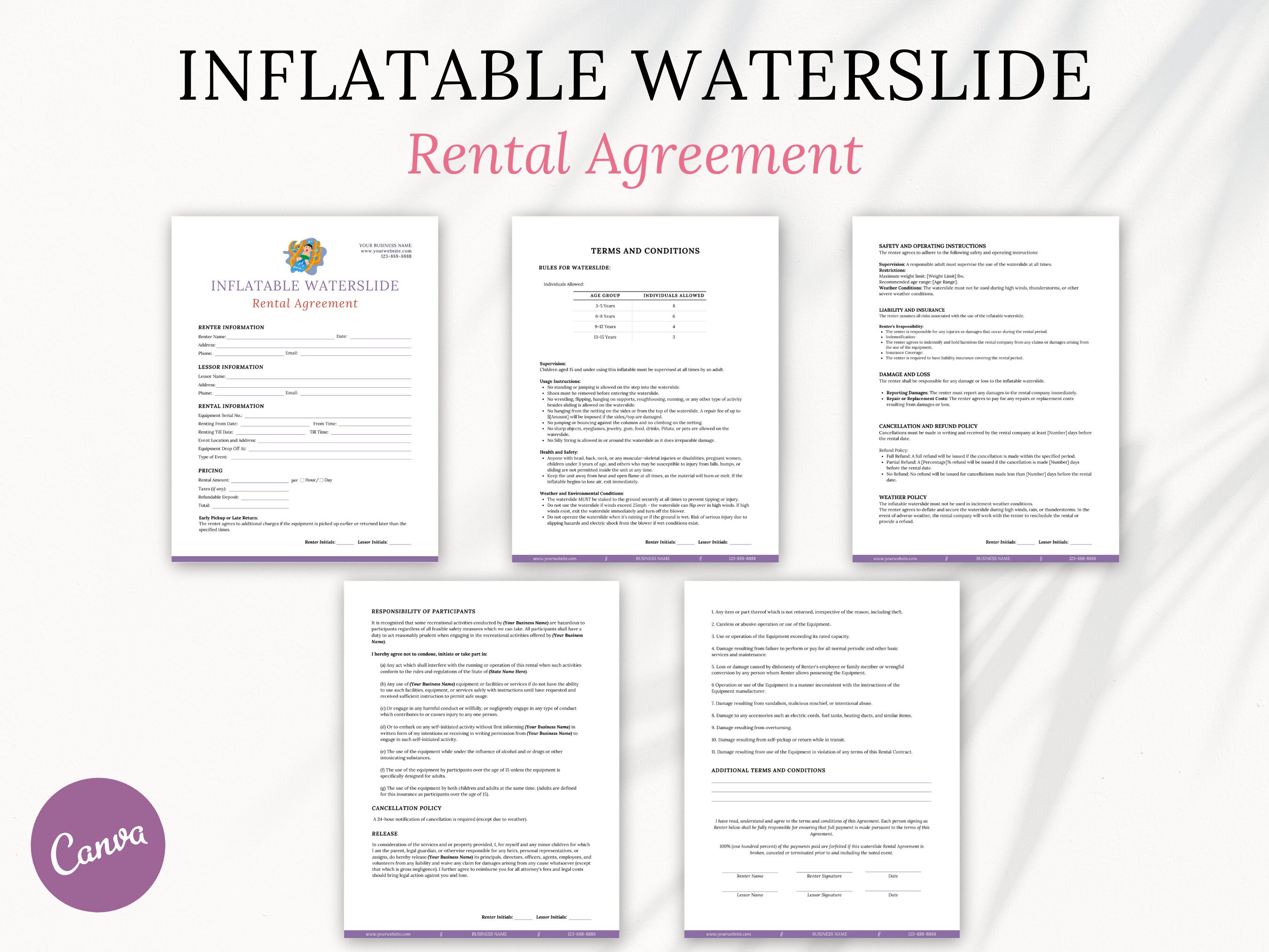 Inflatable Water Slide Rental Contract and Liability Waiver, Waterslide ...