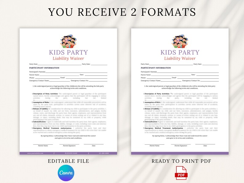 Kids Party Liability Waiver Template: Editable Parent Consent Form ...