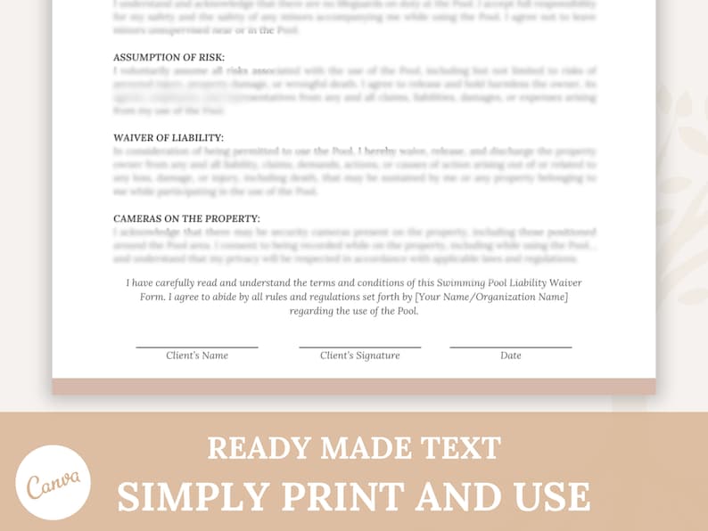 Swimming Pool Liability Waiver Template: Customizable Pool Rental ...