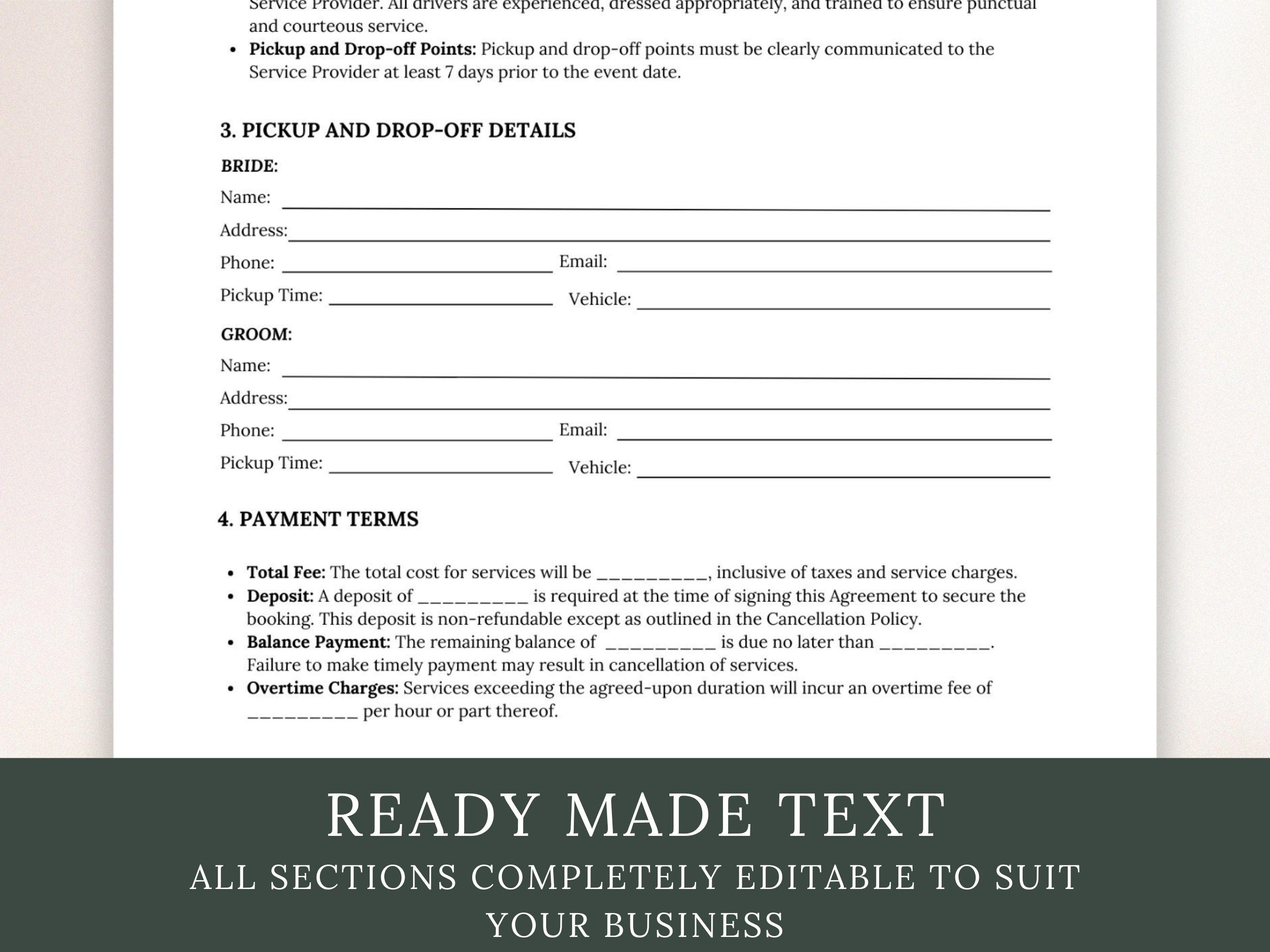 Editable Wedding Transportation Contract Template: Limo, Car Rental (US ...