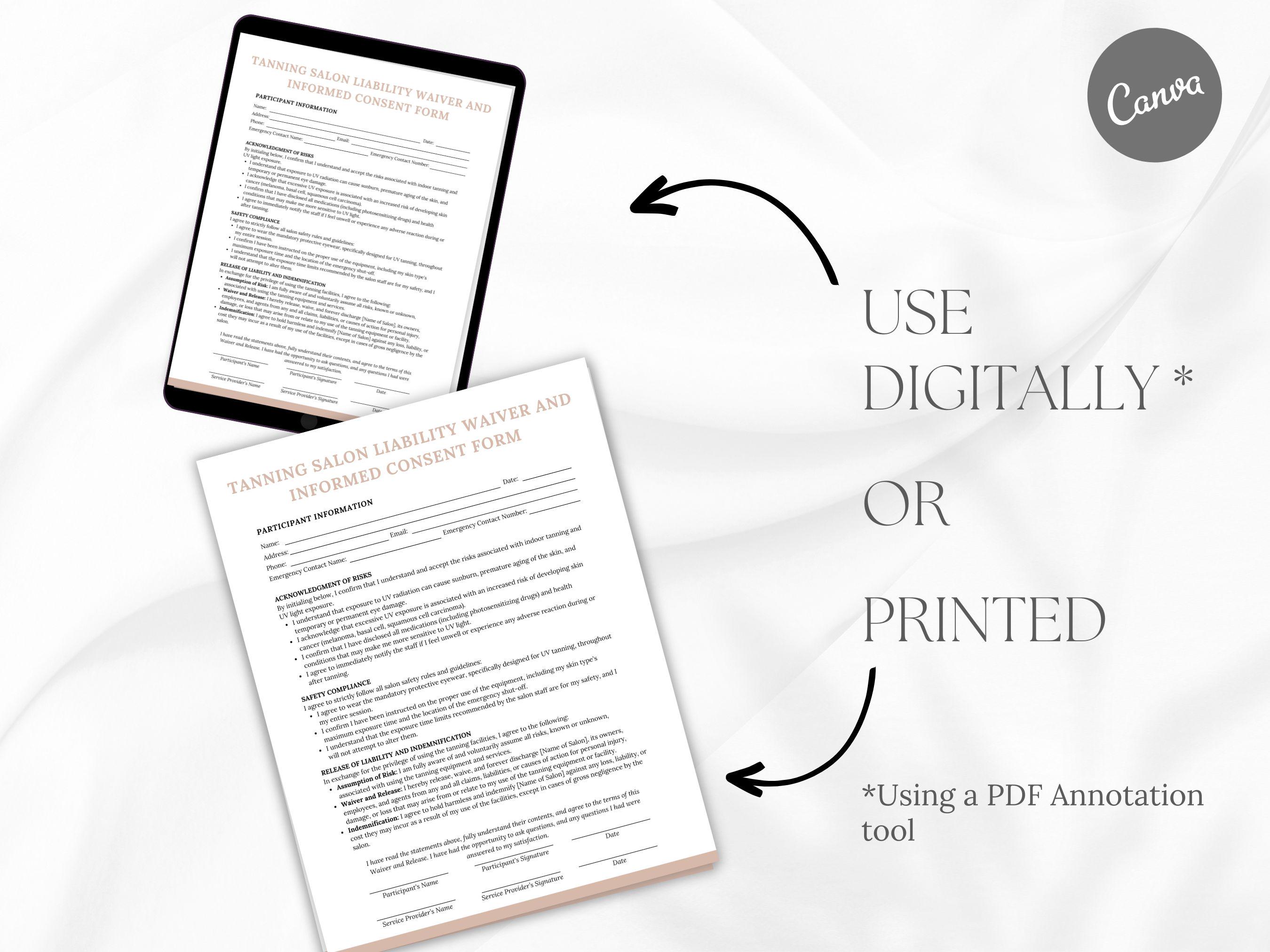 Printable Tanning Salon Client Intake Form & Liability Waiver Bundle ...