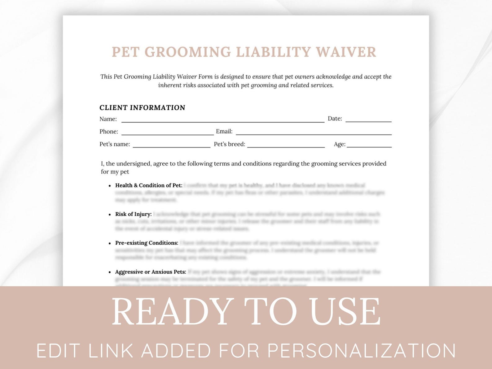 Pet Grooming Waiver Template: Editable Salon Consent Form (digital ...