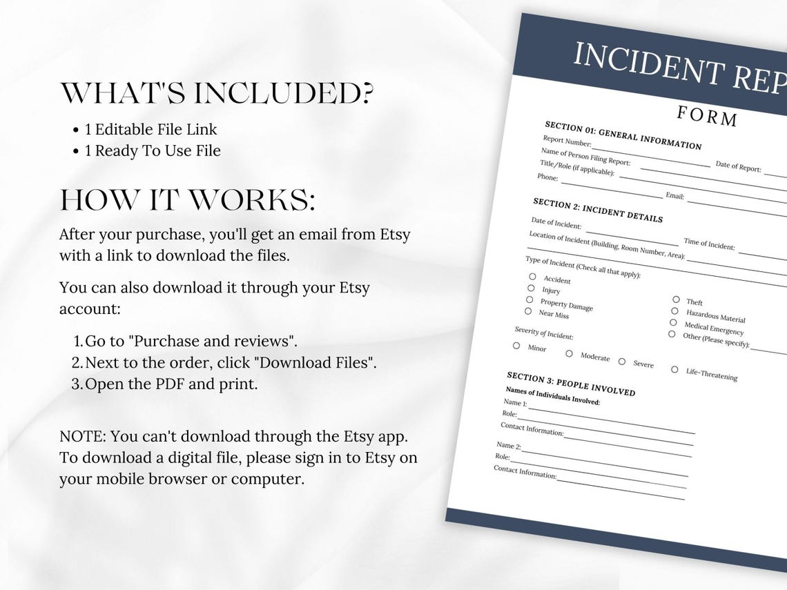 Editable Incident Report Form Template: Workplace Safety (PDF) - Etsy