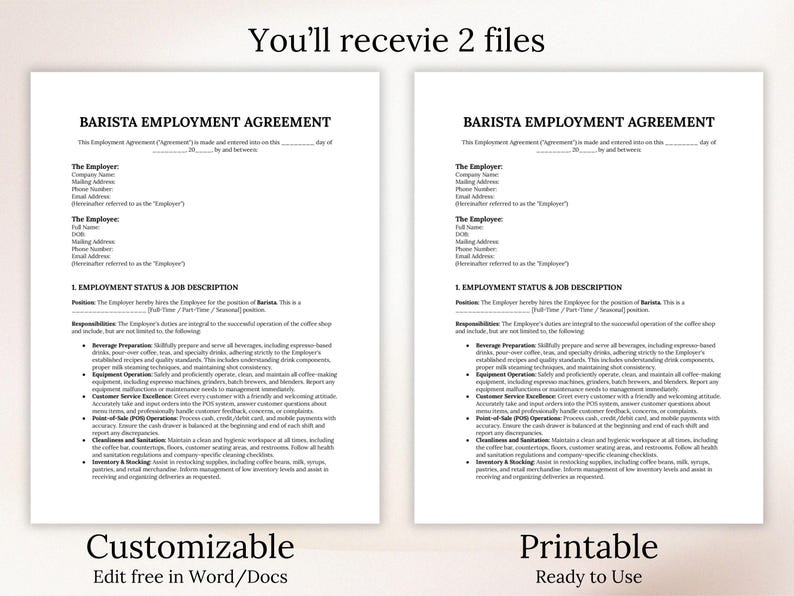 Editable Coffee Shop Barista Employment Contract Template - Word, MS ...