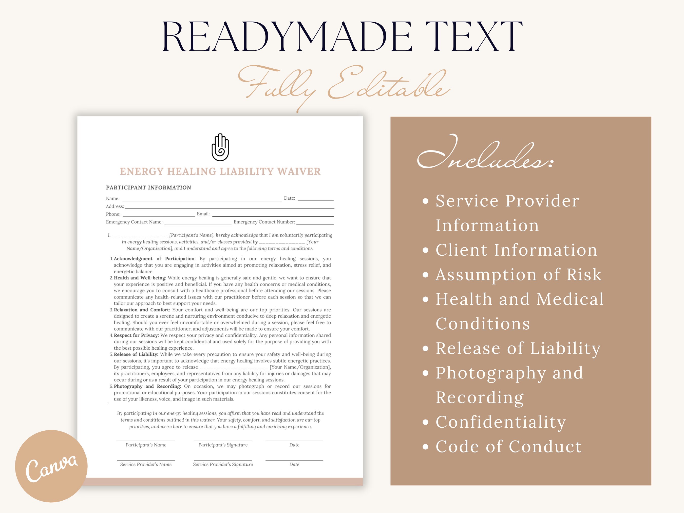 Printable Energy Healing Liability Waiver & Client Intake Form (digital ...