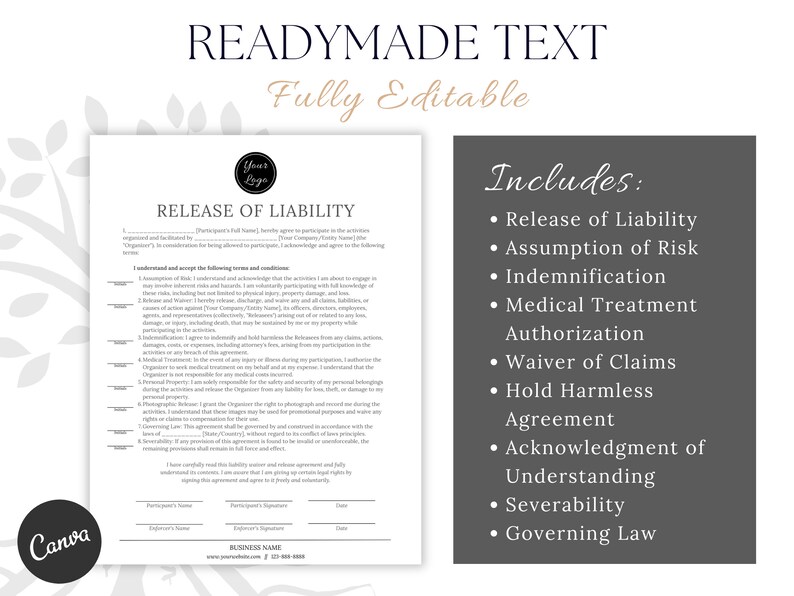 Liability Waiver Template: All Purpose Release Form (digital Download ...