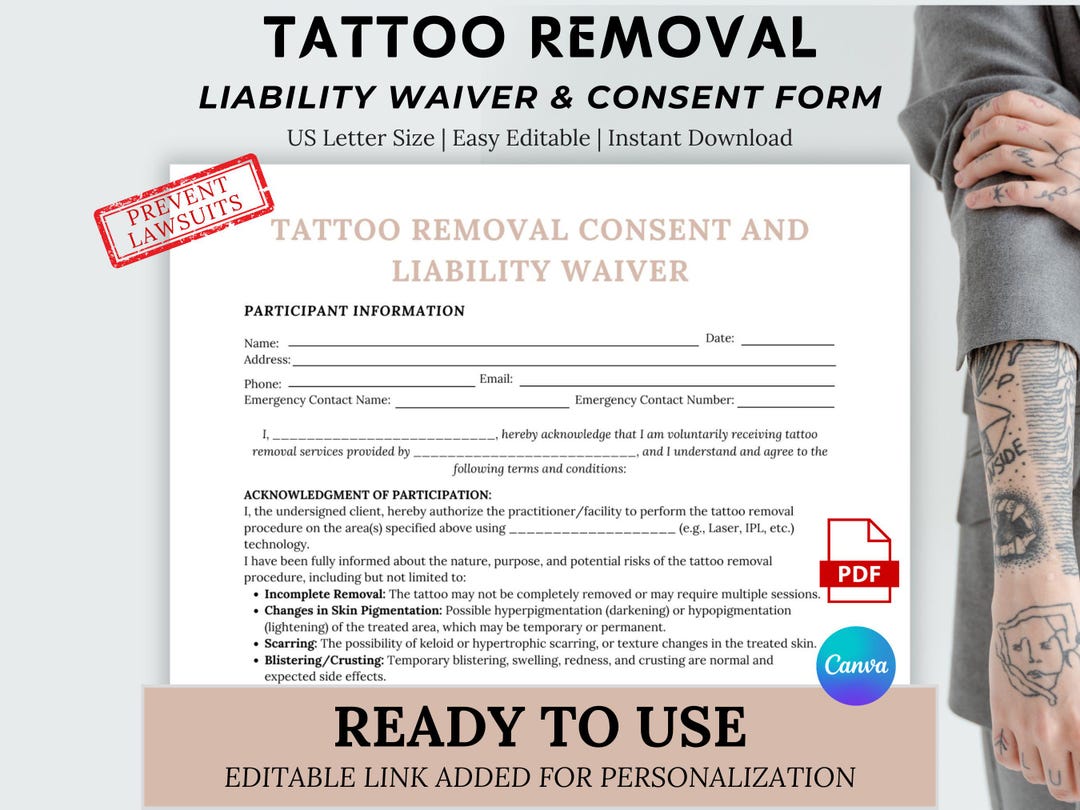 Printable and Editable Tattoo Removal Liability Waiver PDF Template ...